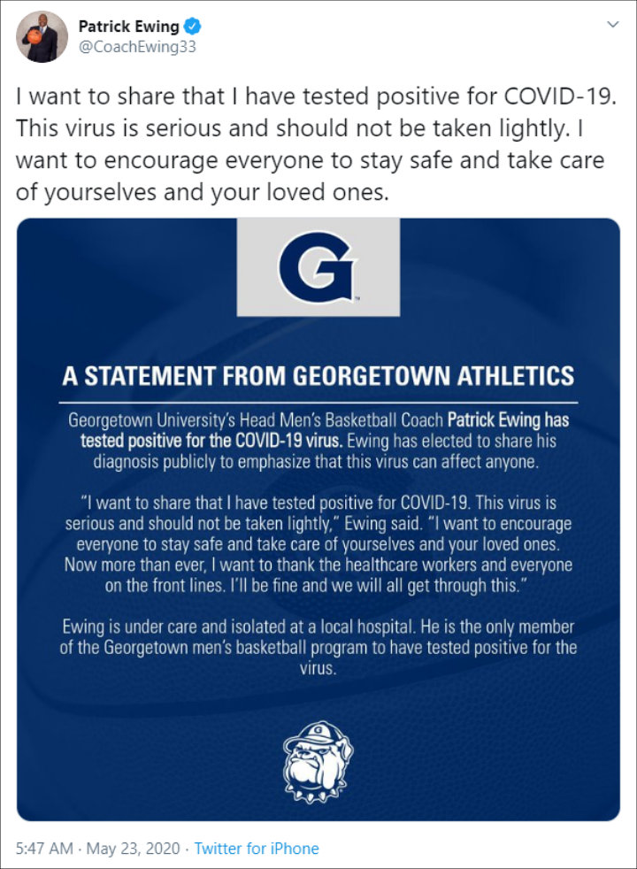 Patrick Ewing Urges Fans to Not Take COVID-19 Lightly After Testing ...