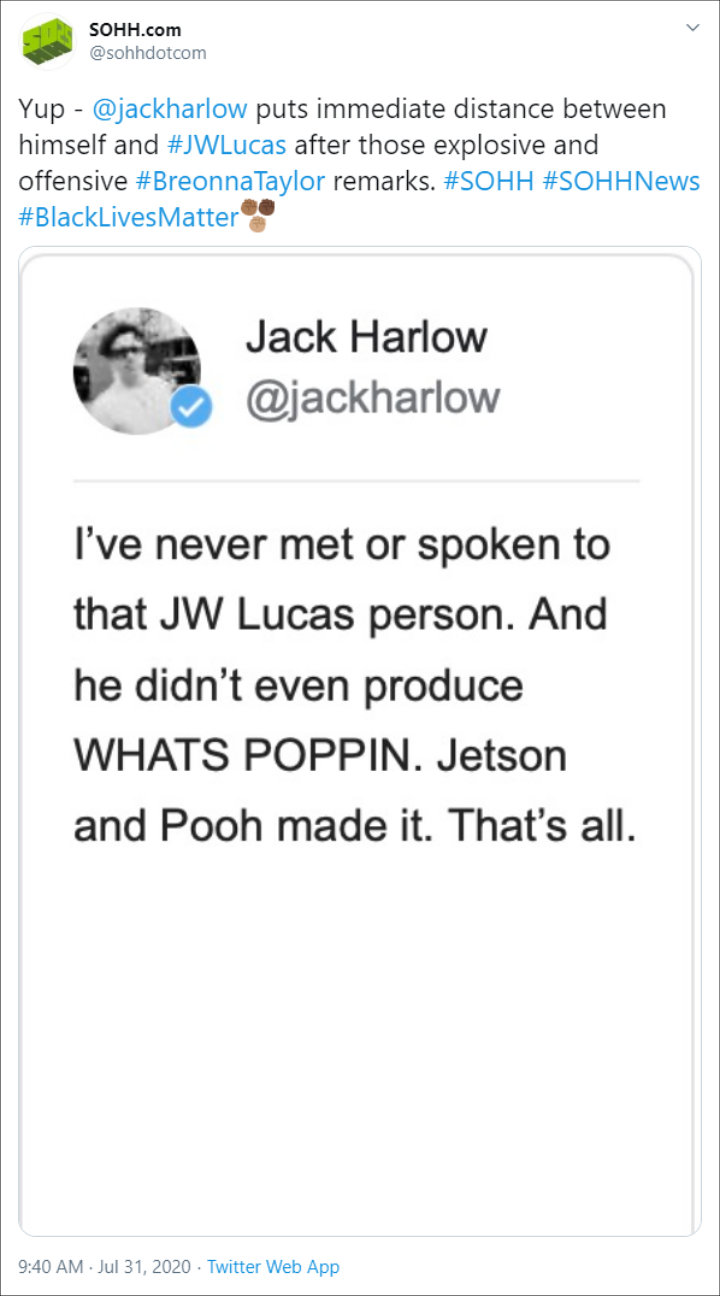 Jack Harlow Denies JW Lucas' Credit in Hit 'Whats Poppin' After ...