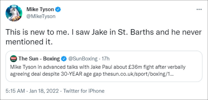 Mike Tyson on Jake Paul Fight Rumors: 'This Is New to Me'