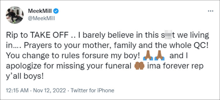 Meek Mill Apologizes for Missing Takeoff's Memorial Service in ...