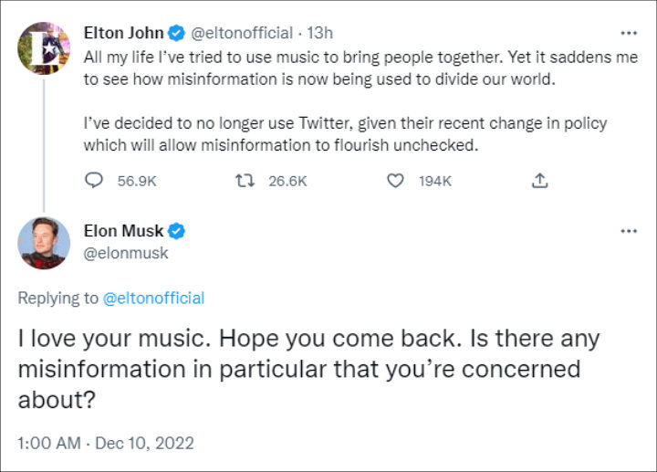 Elon Musk Responds After Elton John Quits Twitter Over Its Change in Policy