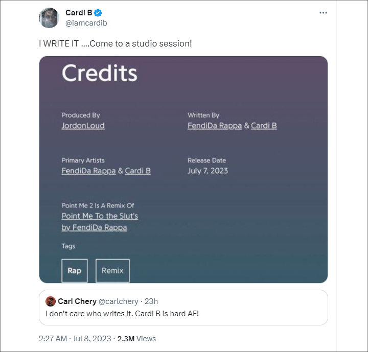 Cardi B Brags About Writing Her Own Lyrics After Commended for 'Point Me 2'